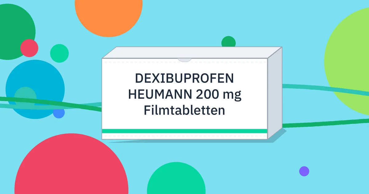 Symbolbild: Packung mit der Aufschrift DEXIBUPROFEN HEUMANN 200 mg Filmtabletten (PZN 18849144) – Verfügbarkeit und Bezug in Apotheken in Frankfurt am Main