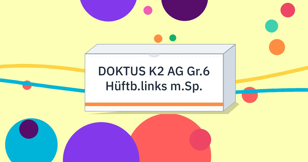 Symbolbild: Packung mit der Aufschrift DOKTUS K2 AG Gr.6 Hüftb.links m.Sp. (PZN 03310741) – Verfügbarkeit und Bezug in Apotheken in Frankfurt am Main