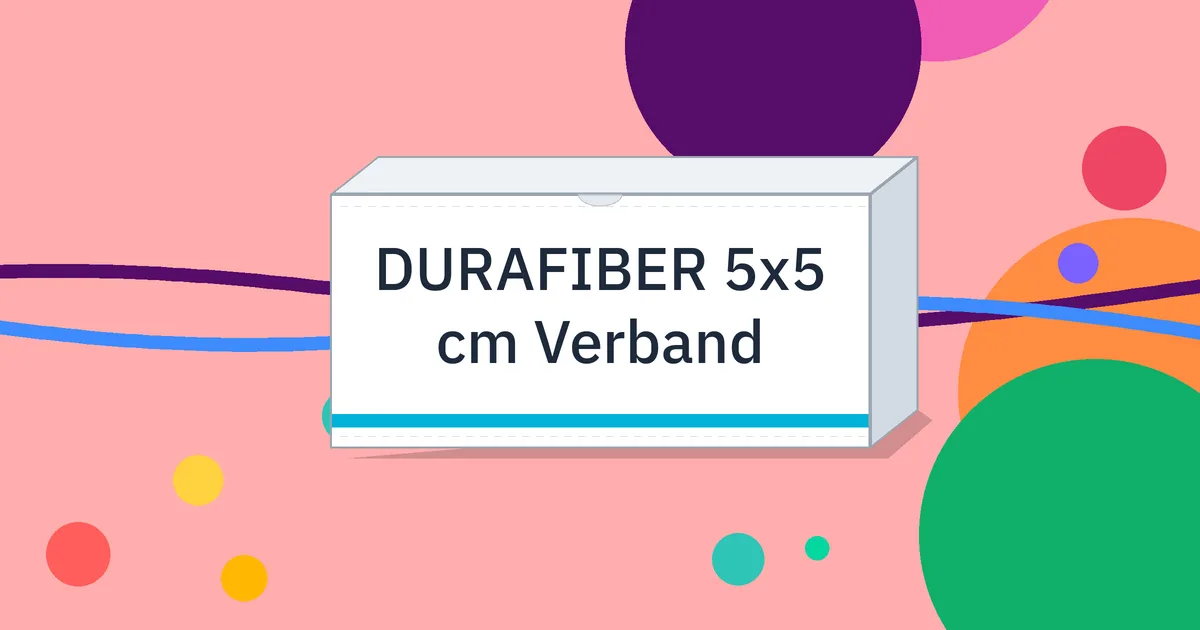 Symbolbild: Packung mit der Aufschrift DURAFIBER 5x5 cm Verband (PZN 16655766) – Verfügbarkeit und Bezug in Apotheken in Frankfurt am Main