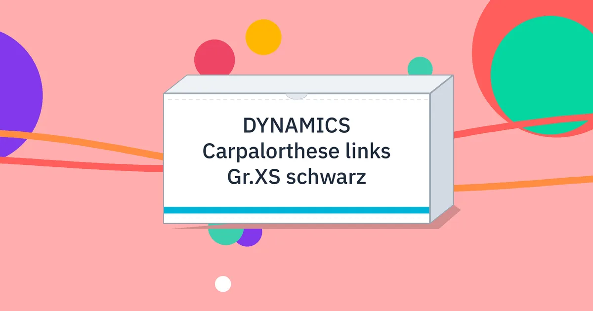 Symbolbild: Packung mit der Aufschrift DYNAMICS Carpalorthese links Gr.XS schwarz (PZN 10631842) – Verfügbarkeit und Bezug in Apotheken in Frankfurt am Main