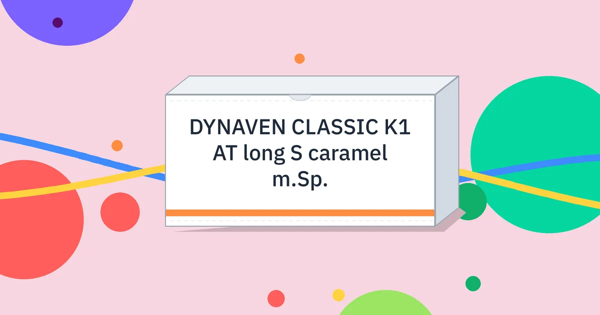 Symbolbild: Packung mit der Aufschrift DYNAVEN CLASSIC K1 AT long S caramel m.Sp. (PZN 18416362) – Verfügbarkeit und Bezug in Apotheken in Frankfurt am Main