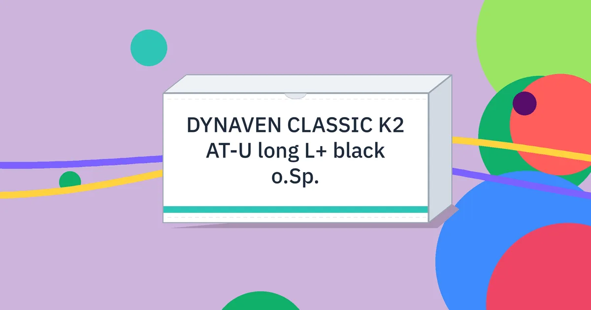 Symbolbild: Packung mit der Aufschrift DYNAVEN CLASSIC K2 AT-U long L+ black o.Sp. (PZN 18419550) – Verfügbarkeit und Bezug in Apotheken in Frankfurt am Main