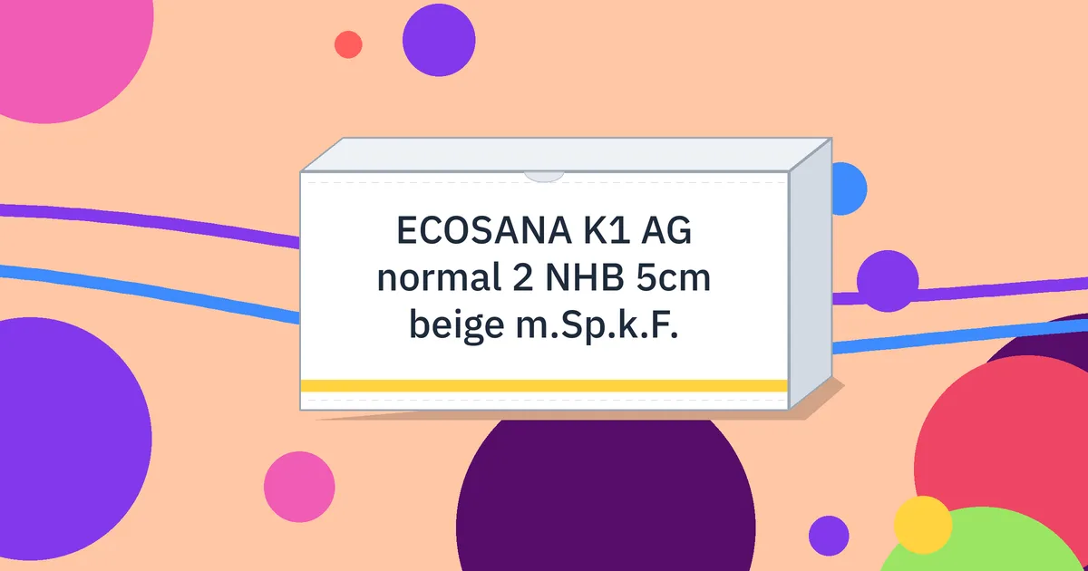 Symbolbild: Packung mit der Aufschrift ECOSANA K1 AG normal 2 NHB 5cm beige m.Sp.k.F. (PZN 04726656) – Verfügbarkeit und Bezug in Apotheken in Frankfurt am Main