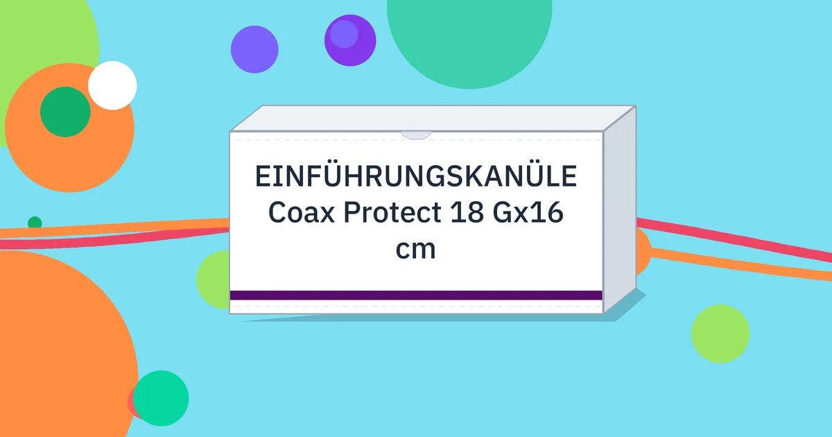Symbolbild: Packung mit der Aufschrift EINFÜHRUNGSKANÜLE Coax Protect 18 Gx16 cm (PZN 10184449) – Verfügbarkeit und Bezug in Apotheken in Frankfurt am Main