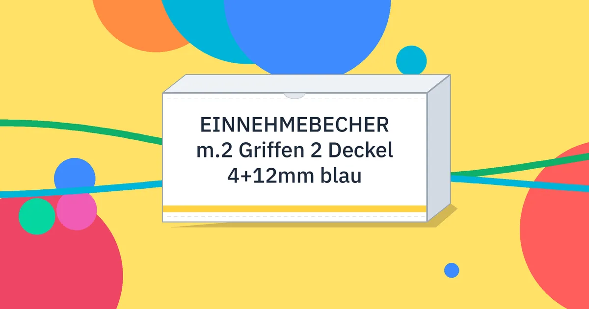 Symbolbild: Packung mit der Aufschrift EINNEHMEBECHER m.2 Griffen 2 Deckel 4+12mm blau (PZN 10124045) – Verfügbarkeit und Bezug in Apotheken in Frankfurt am Main