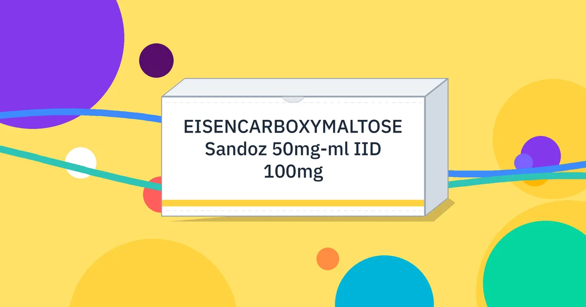 Symbolbild: Packung mit der Aufschrift EISENCARBOXYMALTOSE Sandoz 50mg-ml IID 100mg (PZN 19980573) – Verfügbarkeit und Bezug in Apotheken in Frankfurt am Main