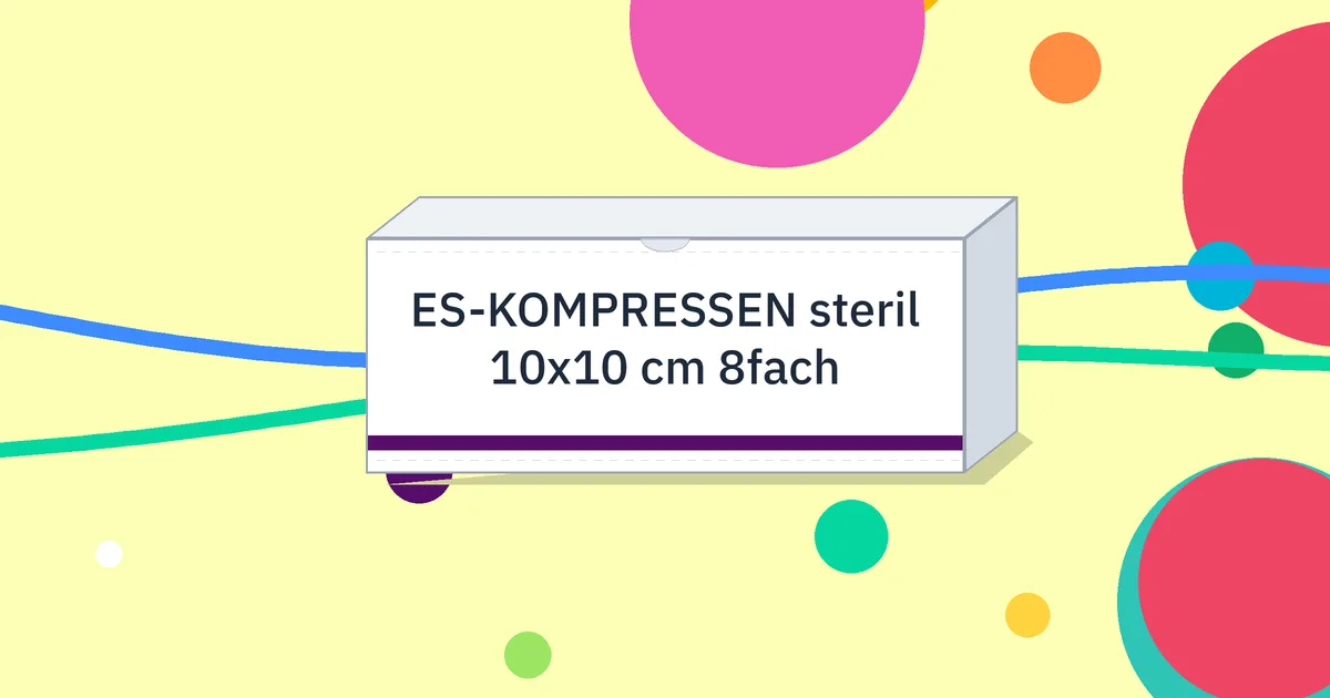 Symbolbild: Packung mit der Aufschrift ES-KOMPRESSEN steril 10x10 cm 8fach (PZN 16205164) – Verfügbarkeit und Bezug in Apotheken in Frankfurt am Main
