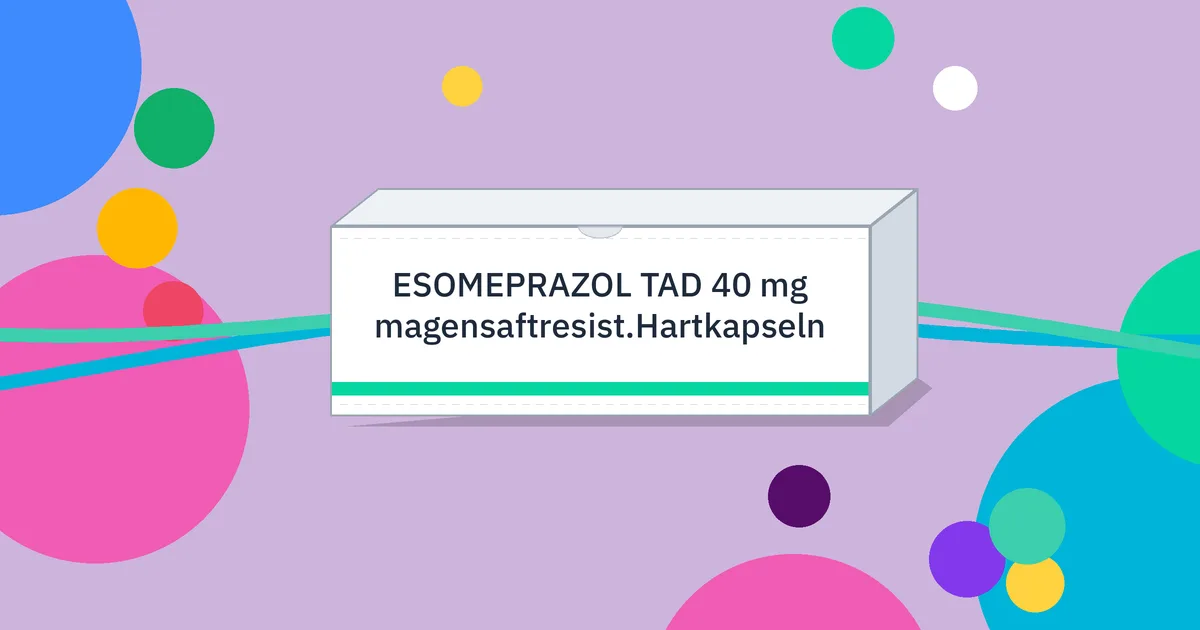 Symbolbild: Packung mit der Aufschrift ESOMEPRAZOL TAD 40 mg magensaftresist.Hartkapseln (PZN 06834373) – Verfügbarkeit und Bezug in Apotheken in Frankfurt am Main