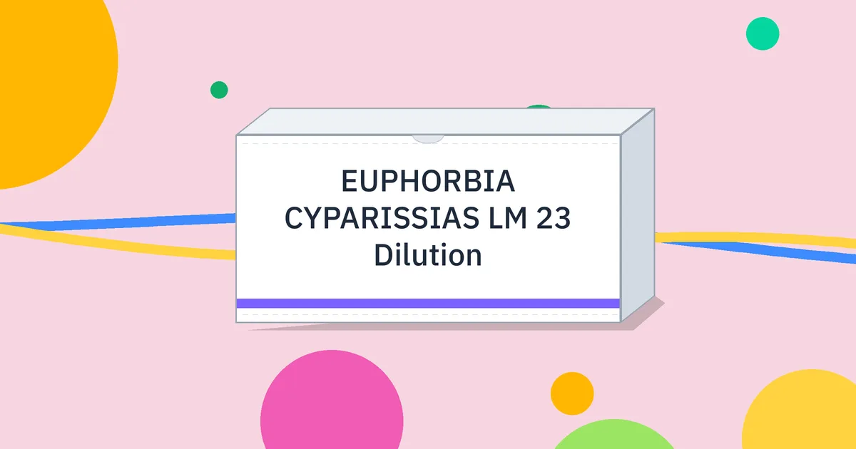 Symbolbild: Packung mit der Aufschrift EUPHORBIA CYPARISSIAS LM 23 Dilution (PZN 13481981) – Verfügbarkeit und Bezug in Apotheken in Frankfurt am Main