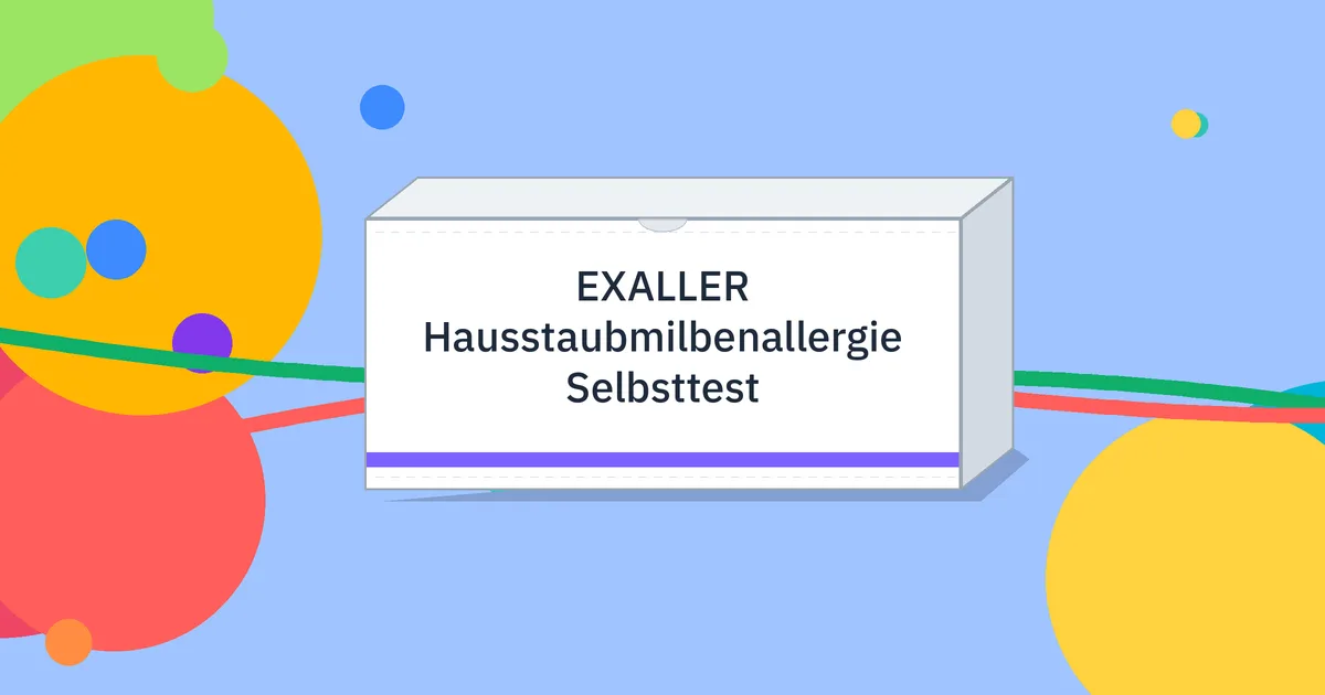 Symbolbild: Packung mit der Aufschrift EXALLER Hausstaubmilbenallergie Selbsttest (PZN 19104400) – Verfügbarkeit und Bezug in Apotheken in Frankfurt am Main