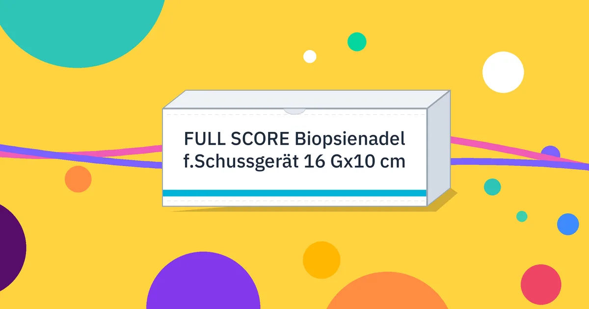 Symbolbild: Packung mit der Aufschrift FULL SCORE Biopsienadel f.Schussgerät 16 Gx10 cm (PZN 12499329) – Verfügbarkeit und Bezug in Apotheken in Frankfurt am Main