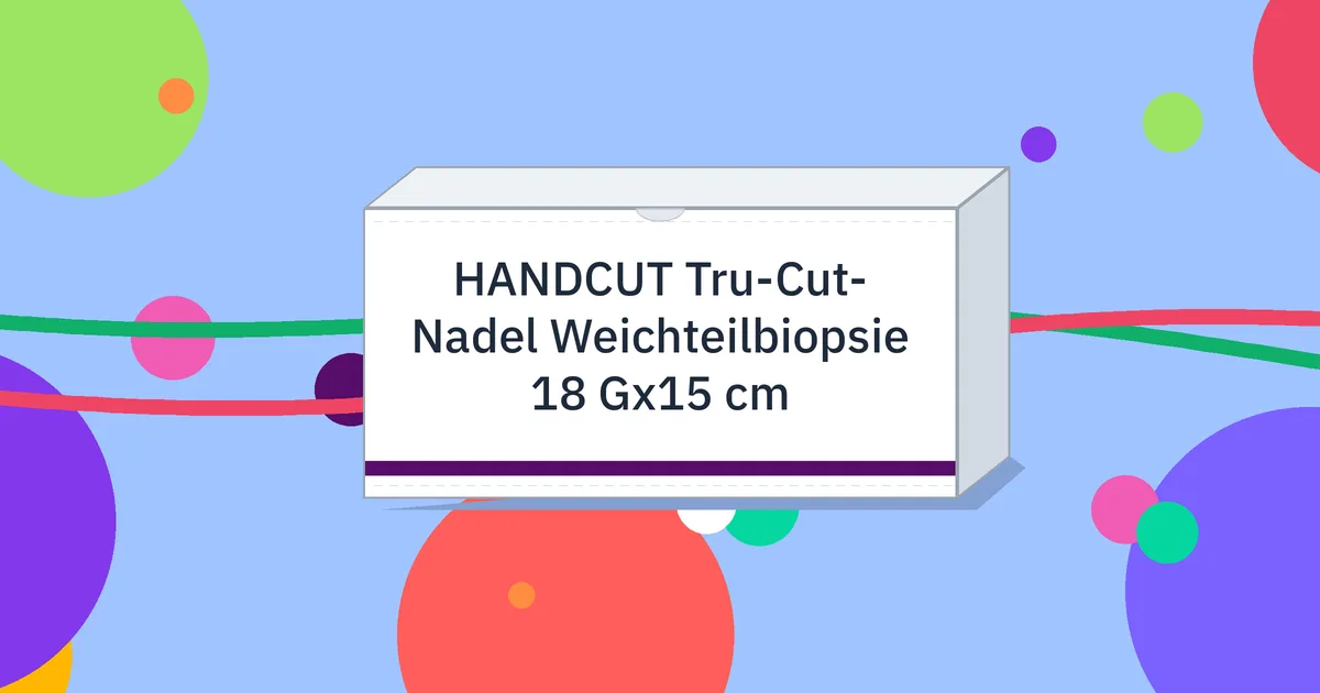 Symbolbild: Packung mit der Aufschrift HANDCUT Tru-Cut-Nadel Weichteilbiopsie 18 Gx15 cm (PZN 19736494) – Verfügbarkeit und Bezug in Apotheken in Frankfurt am Main