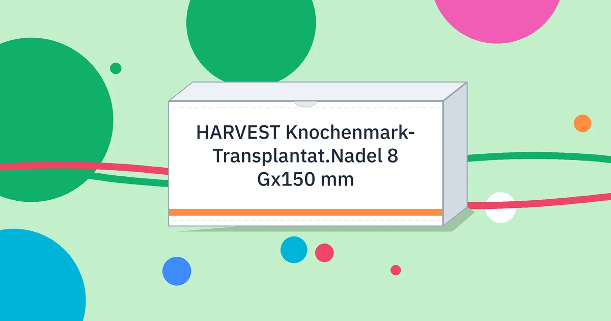 Symbolbild: Packung mit der Aufschrift HARVEST Knochenmark-Transplantat.Nadel 8 Gx150 mm (PZN 16362656) – Verfügbarkeit und Bezug in Apotheken in Frankfurt am Main