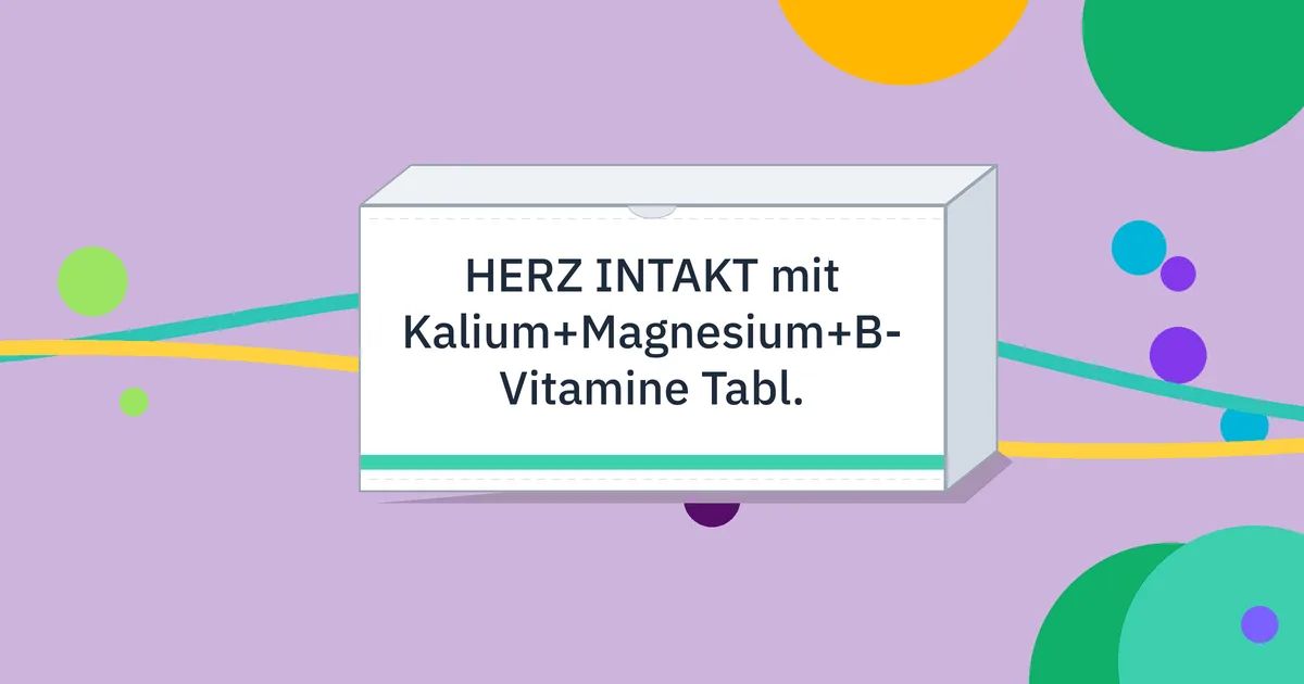 Symbolbild: Packung mit der Aufschrift HERZ INTAKT mit Kalium+Magnesium+B-Vitamine Tabl. (PZN 18219331) – Verfügbarkeit und Bezug in Apotheken in Frankfurt am Main