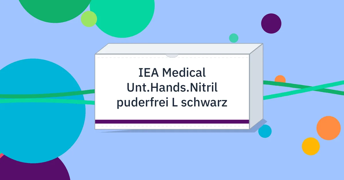 Symbolbild: Packung mit der Aufschrift IEA Medical Unt.Hands.Nitril puderfrei L schwarz (PZN 18785556) – Verfügbarkeit und Bezug in Apotheken in Frankfurt am Main