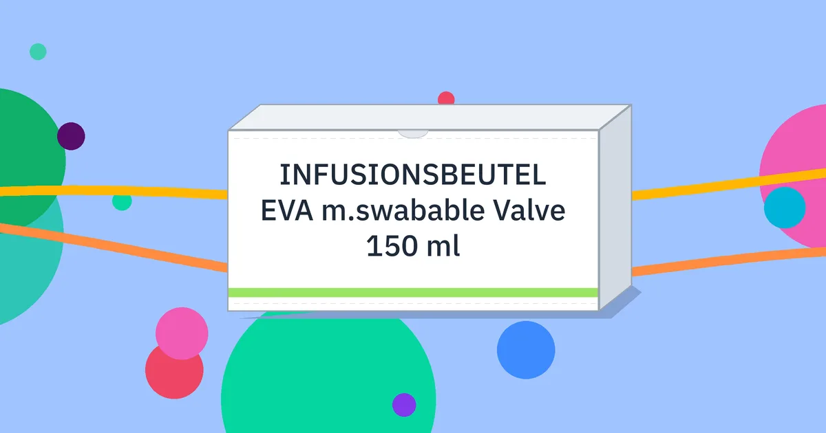 Symbolbild: Packung mit der Aufschrift INFUSIONSBEUTEL EVA m.swabable Valve 150 ml (PZN 11482657) – Verfügbarkeit und Bezug in Apotheken in Frankfurt am Main