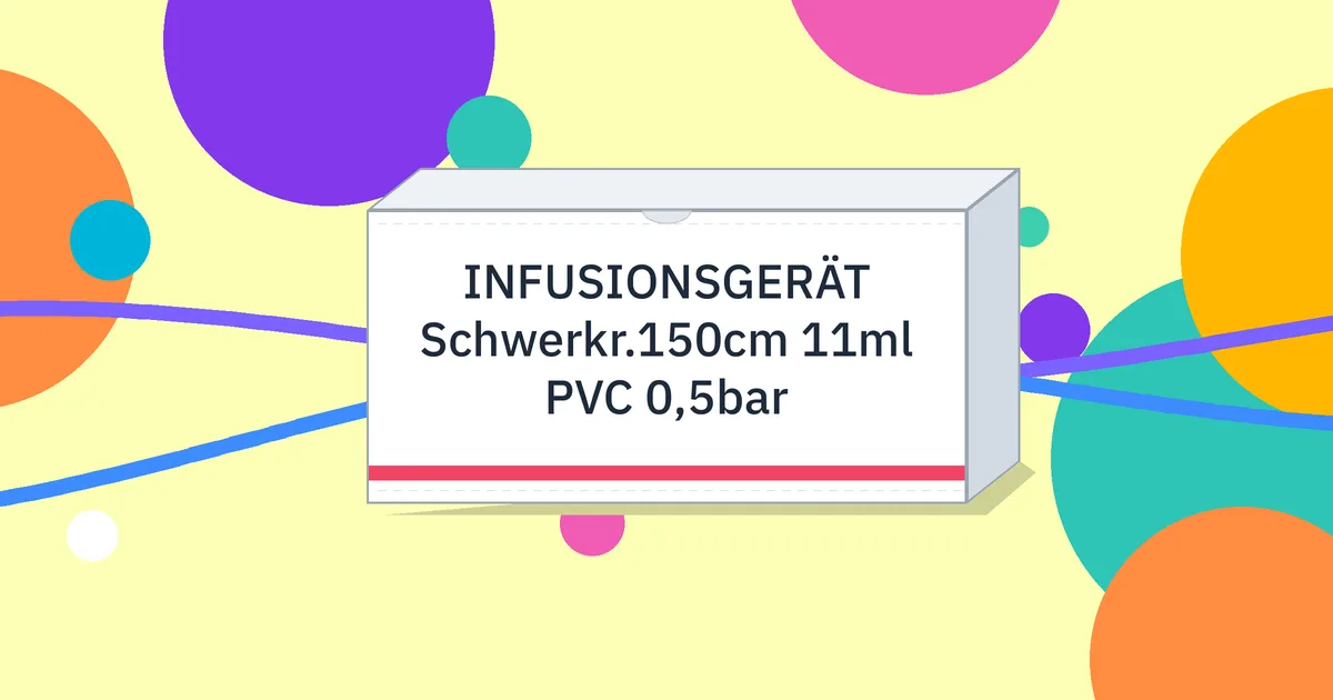 Symbolbild: Packung mit der Aufschrift INFUSIONSGERÄT Schwerkr.150cm 11ml PVC 0,5bar (PZN 18837106) – Verfügbarkeit und Bezug in Apotheken in Frankfurt am Main
