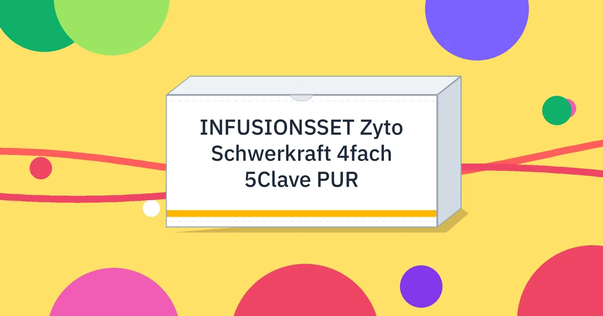 Symbolbild: Packung mit der Aufschrift INFUSIONSSET Zyto Schwerkraft 4fach 5Clave PUR (PZN 06143203) – Verfügbarkeit und Bezug in Apotheken in Frankfurt am Main
