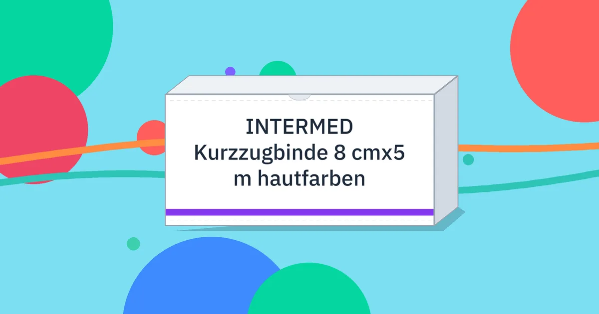 Symbolbild: Packung mit der Aufschrift INTERMED Kurzzugbinde 8 cmx5 m hautfarben (PZN 19508422) – Verfügbarkeit und Bezug in Apotheken in Frankfurt am Main