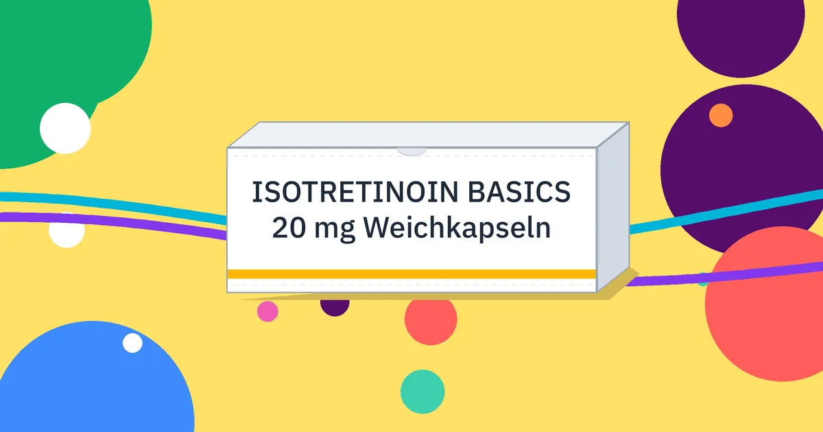 Symbolbild: Packung mit der Aufschrift ISOTRETINOIN BASICS 20 mg Weichkapseln (PZN 13426864) – Verfügbarkeit und Bezug in Apotheken in Frankfurt am Main