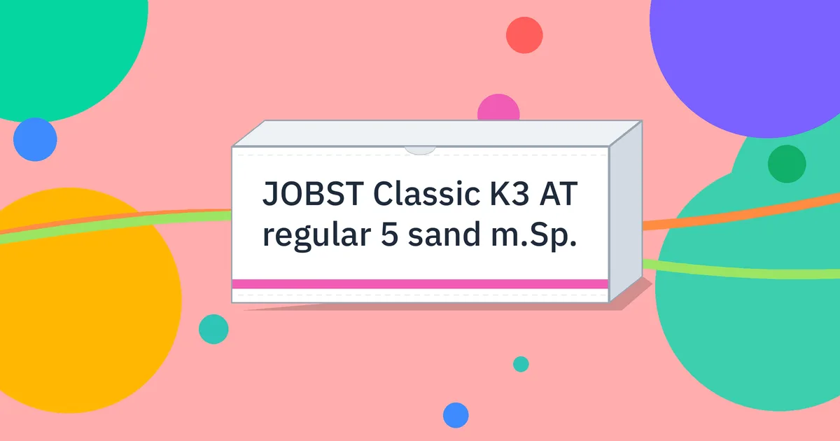 Symbolbild: Packung mit der Aufschrift JOBST Classic K3 AT regular 5 sand m.Sp. (PZN 13078067) – Verfügbarkeit und Bezug in Apotheken in Frankfurt am Main