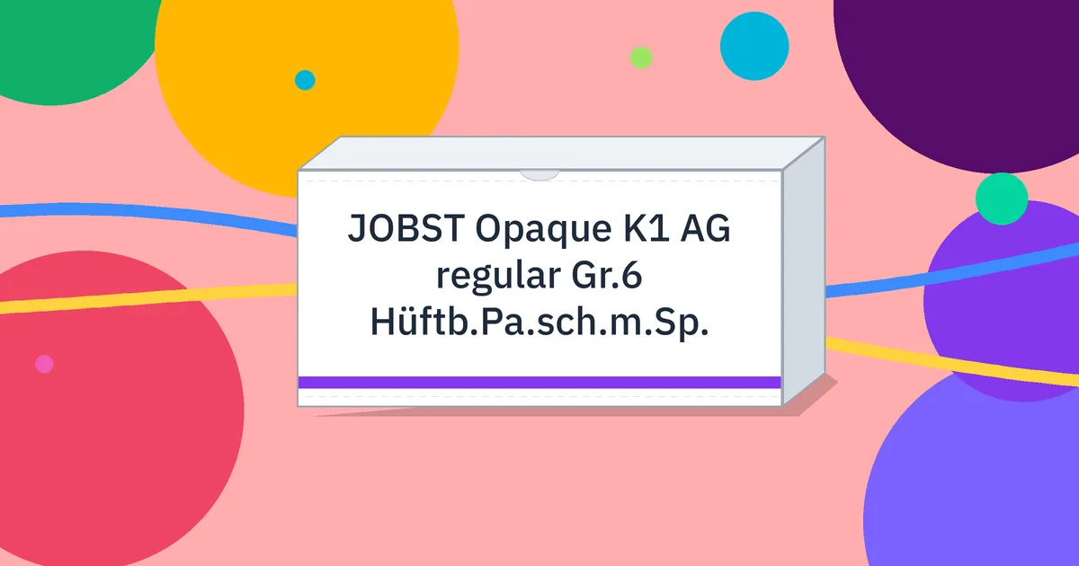 Symbolbild: Packung mit der Aufschrift JOBST Opaque K1 AG regular Gr.6 Hüftb.Pa.sch.m.Sp. (PZN 13100654) – Verfügbarkeit und Bezug in Apotheken in Frankfurt am Main