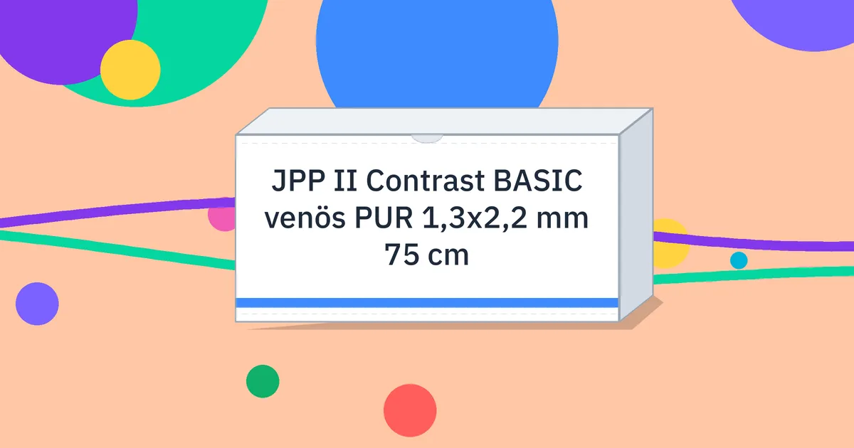 Symbolbild: Packung mit der Aufschrift JPP II Contrast BASIC venös PUR 1,3x2,2 mm 75 cm (PZN 07591205) – Verfügbarkeit und Bezug in Apotheken in Frankfurt am Main