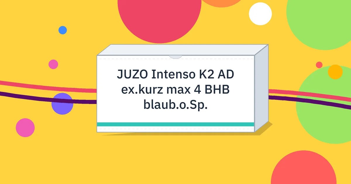 Symbolbild: Packung mit der Aufschrift JUZO Intenso K2 AD ex.kurz max 4 BHB blaub.o.Sp. (PZN 18624511) – Verfügbarkeit und Bezug in Apotheken in Frankfurt am Main