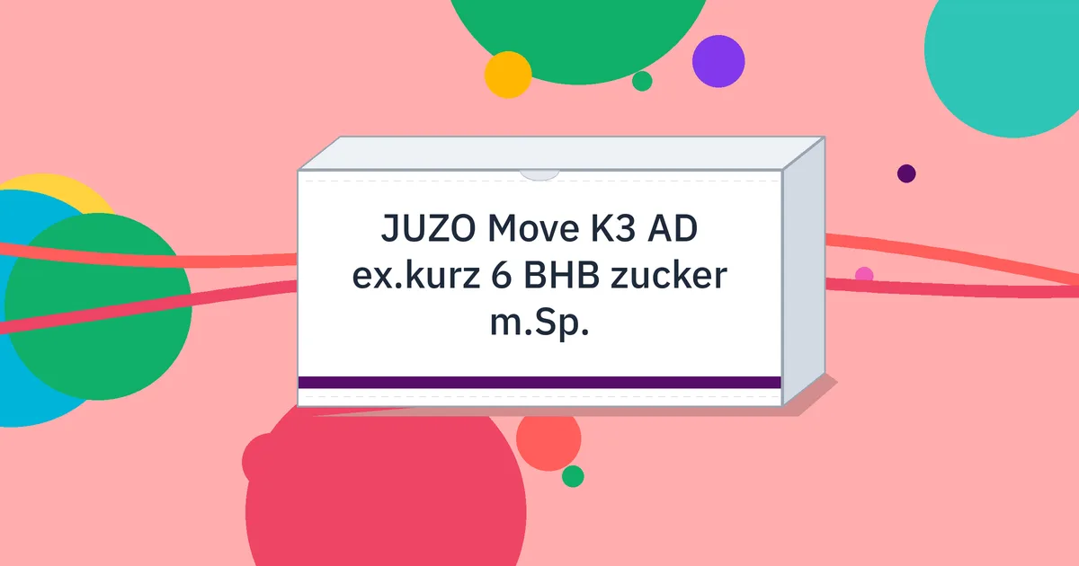 Symbolbild: Packung mit der Aufschrift JUZO Move K3 AD ex.kurz 6 BHB zucker m.Sp. (PZN 18569657) – Verfügbarkeit und Bezug in Apotheken in Frankfurt am Main