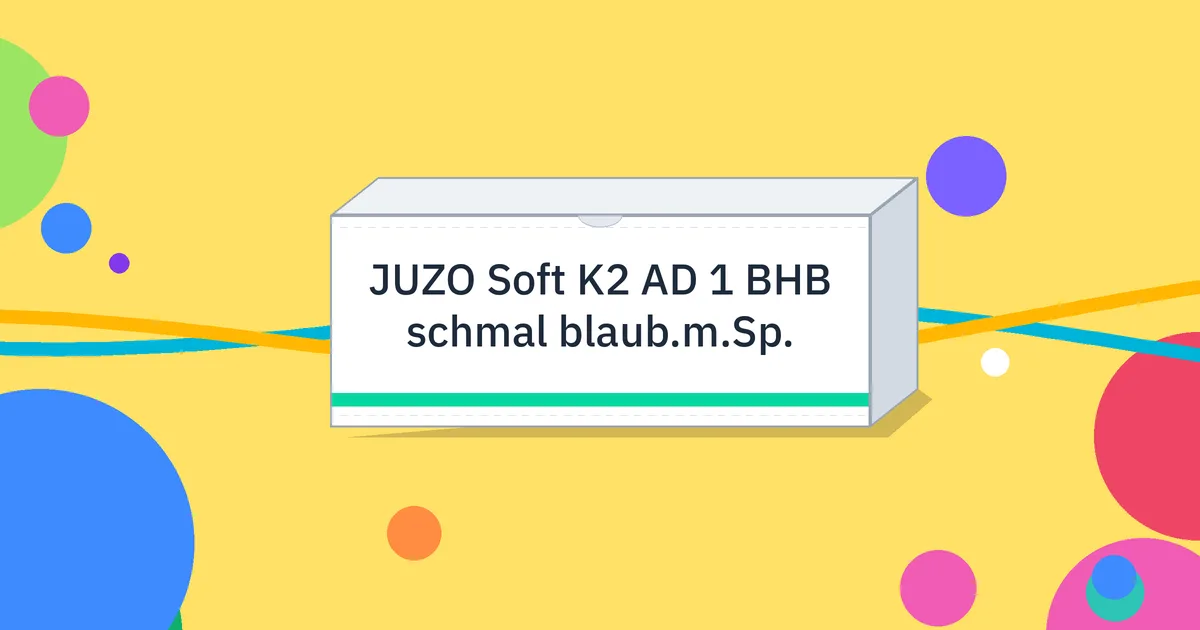 Symbolbild: Packung mit der Aufschrift JUZO Soft K2 AD 1 BHB schmal blaub.m.Sp. (PZN 15465176) – Verfügbarkeit und Bezug in Apotheken in Frankfurt am Main