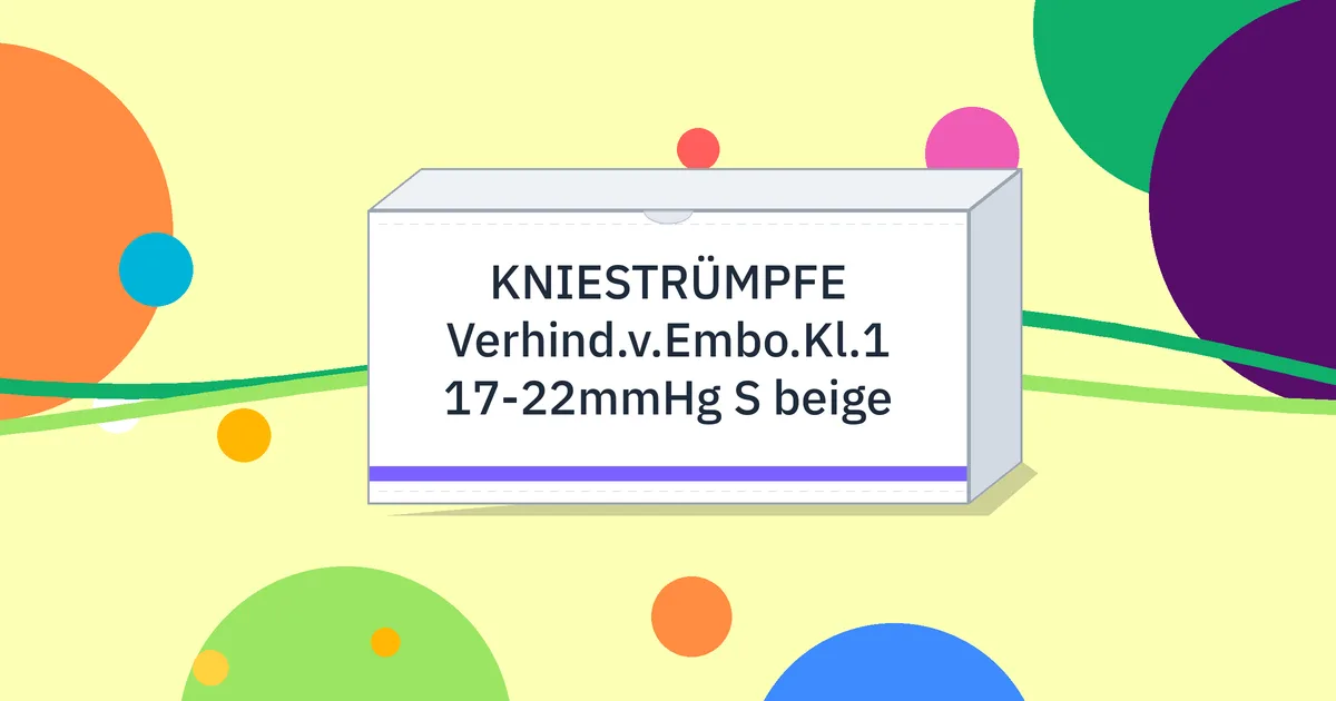 Symbolbild: Packung mit der Aufschrift KNIESTRÜMPFE Verhind.v.Embo.Kl.1 17-22mmHg S beige (PZN 19072640) – Verfügbarkeit und Bezug in Apotheken in Frankfurt am Main
