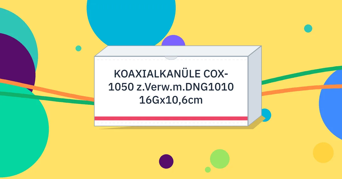 Symbolbild: Packung mit der Aufschrift KOAXIALKANÜLE COX-1050 z.Verw.m.DNG1010 16Gx10,6cm (PZN 00283966) – Verfügbarkeit und Bezug in Apotheken in Frankfurt am Main