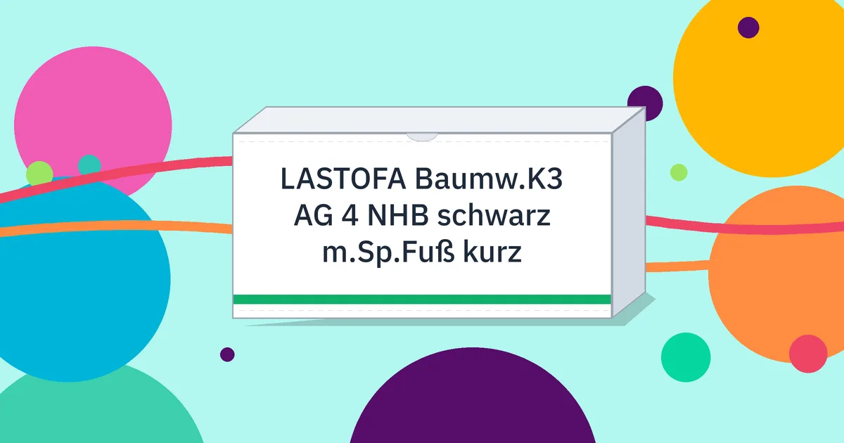 Symbolbild: Packung mit der Aufschrift LASTOFA Baumw.K3 AG 4 NHB schwarz m.Sp.Fuß kurz (PZN 01954612) – Verfügbarkeit und Bezug in Apotheken in Frankfurt am Main
