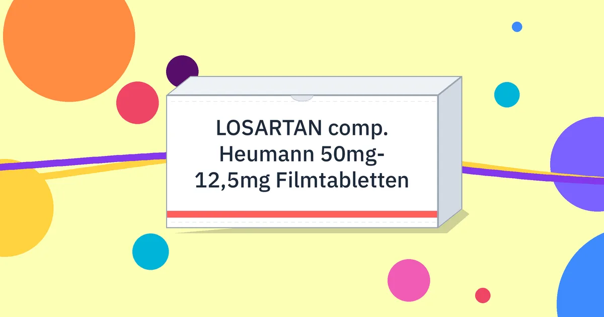 Symbolbild: Packung mit der Aufschrift LOSARTAN comp. Heumann 50mg-12,5mg Filmtabletten (PZN 06142072) – Verfügbarkeit und Bezug in Apotheken in Frankfurt am Main