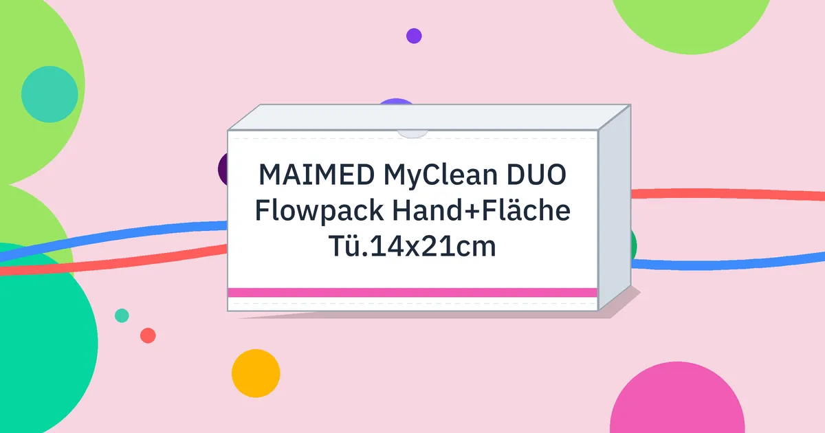 Symbolbild: Packung mit der Aufschrift MAIMED MyClean DUO Flowpack Hand+Fläche Tü.14x21cm (PZN 19270386) – Verfügbarkeit und Bezug in Apotheken in Frankfurt am Main