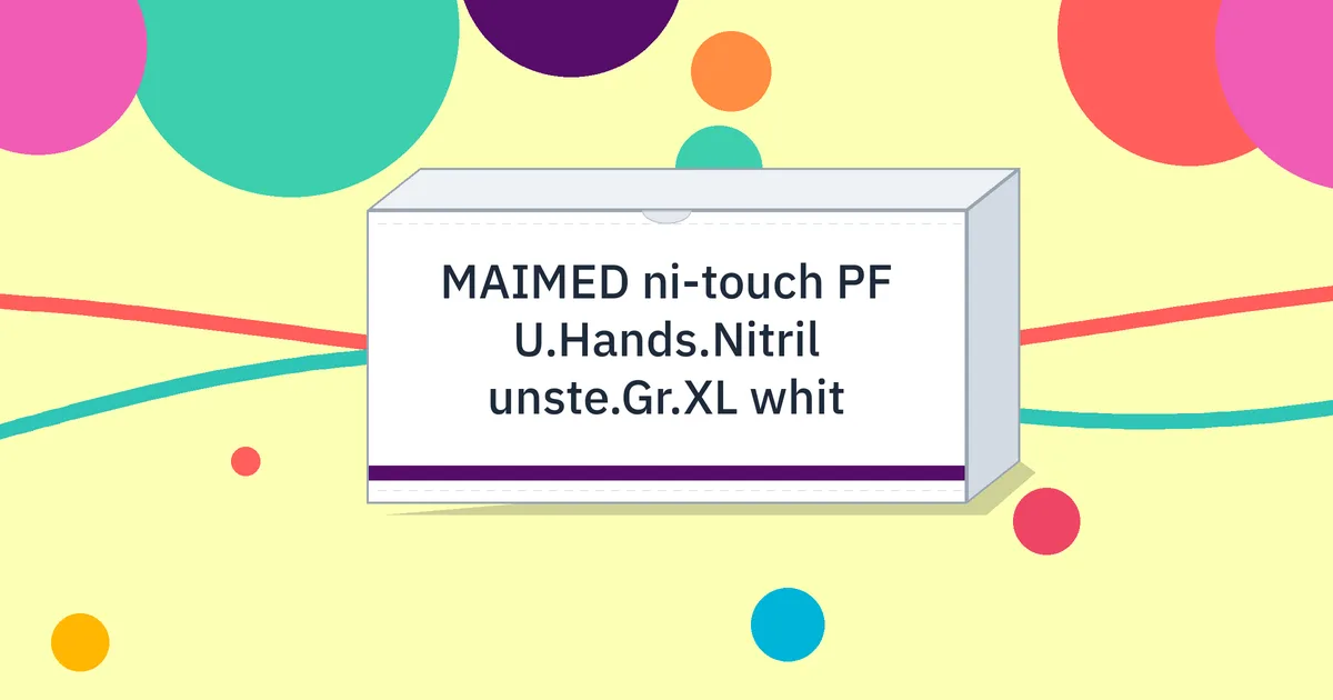 Symbolbild: Packung mit der Aufschrift MAIMED ni-touch PF U.Hands.Nitril unste.Gr.XL whit (PZN 19775011) – Verfügbarkeit und Bezug in Apotheken in Frankfurt am Main