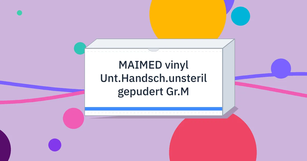 Symbolbild: Packung mit der Aufschrift MAIMED vinyl Unt.Handsch.unsteril gepudert Gr.M (PZN 00350970) – Verfügbarkeit und Bezug in Apotheken in Frankfurt am Main