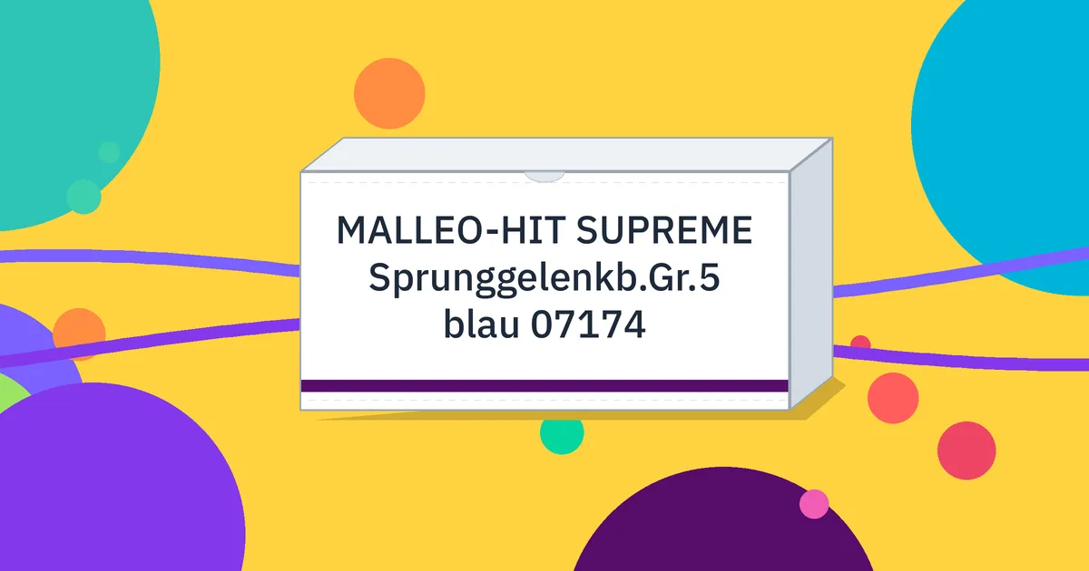 Symbolbild: Packung mit der Aufschrift MALLEO-HIT SUPREME Sprunggelenkb.Gr.5 blau 07174 (PZN 16931309) – Verfügbarkeit und Bezug in Apotheken in Frankfurt am Main