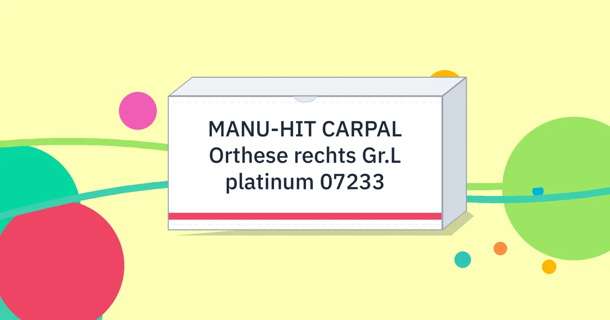 Symbolbild: Packung mit der Aufschrift MANU-HIT CARPAL Orthese rechts Gr.L platinum 07233 (PZN 16316811) – Verfügbarkeit und Bezug in Apotheken in Frankfurt am Main