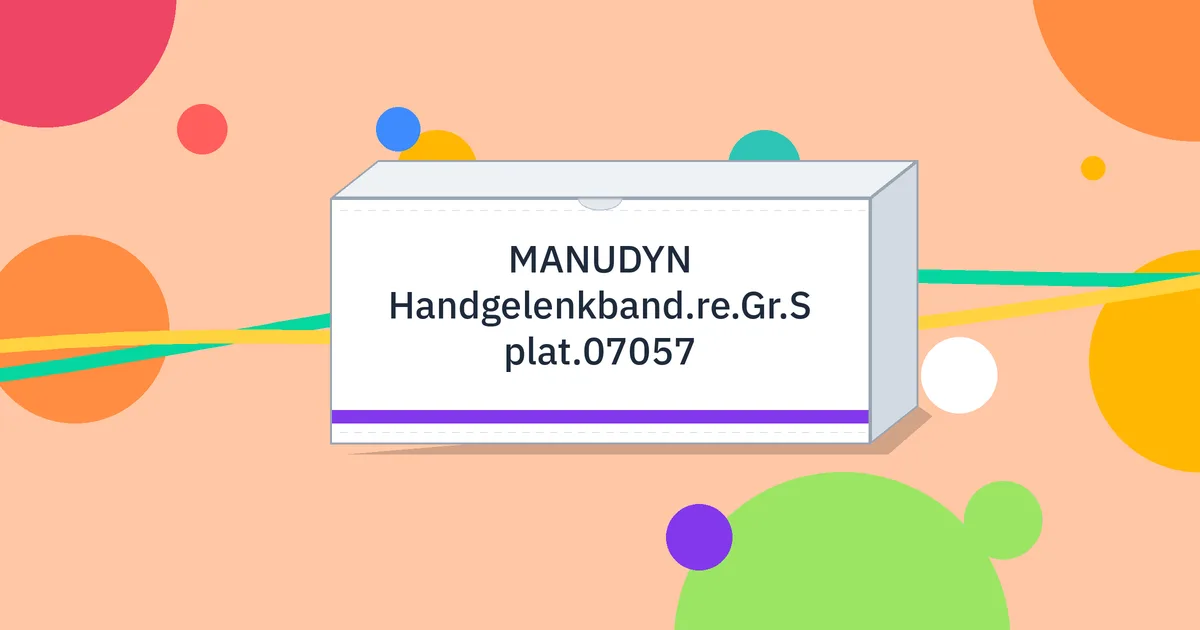 Symbolbild: Packung mit der Aufschrift MANUDYN Handgelenkband.re.Gr.S plat.07057 (PZN 06114911) – Verfügbarkeit und Bezug in Apotheken in Frankfurt am Main