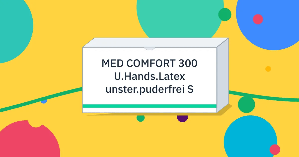Symbolbild: Packung mit der Aufschrift MED COMFORT 300 U.Hands.Latex unster.puderfrei S (PZN 15785248) – Verfügbarkeit und Bezug in Apotheken in Frankfurt am Main