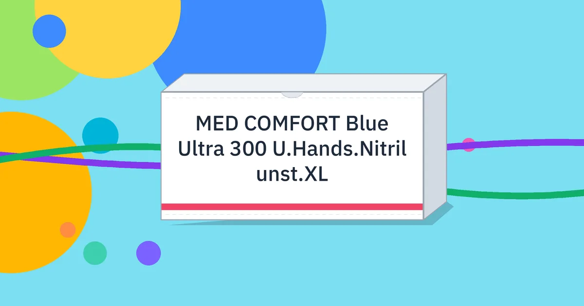 Symbolbild: Packung mit der Aufschrift MED COMFORT Blue Ultra 300 U.Hands.Nitril unst.XL (PZN 15570358) – Verfügbarkeit und Bezug in Apotheken in Frankfurt am Main