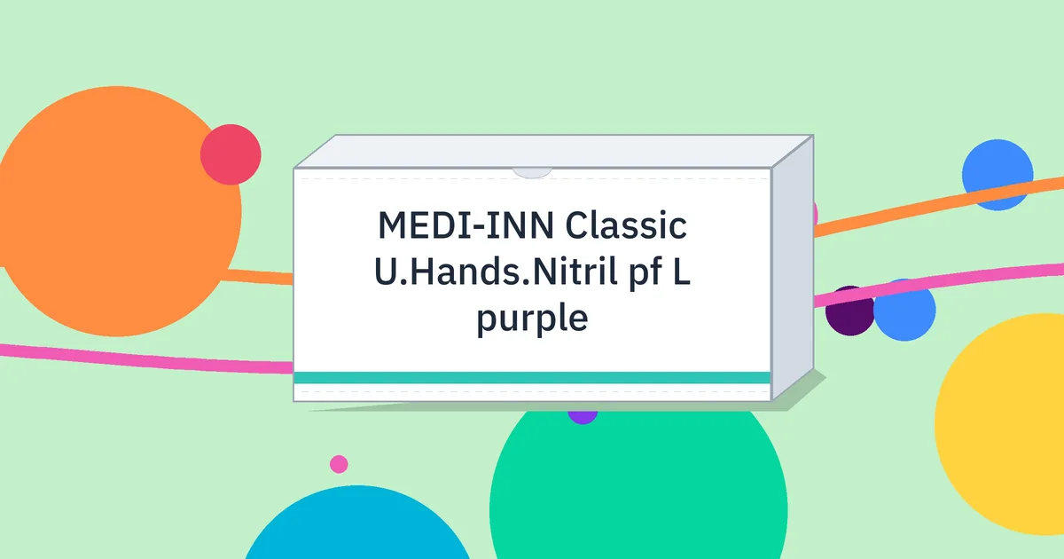 Symbolbild: Packung mit der Aufschrift MEDI-INN Classic U.Hands.Nitril pf L purple (PZN 18444909) – Verfügbarkeit und Bezug in Apotheken in Frankfurt am Main