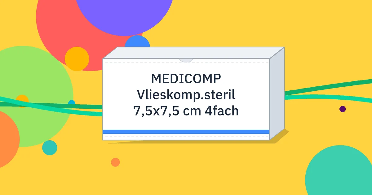 Symbolbild: Packung mit der Aufschrift MEDICOMP Vlieskomp.steril 7,5x7,5 cm 4fach (PZN 16585439) – Verfügbarkeit und Bezug in Apotheken in Frankfurt am Main