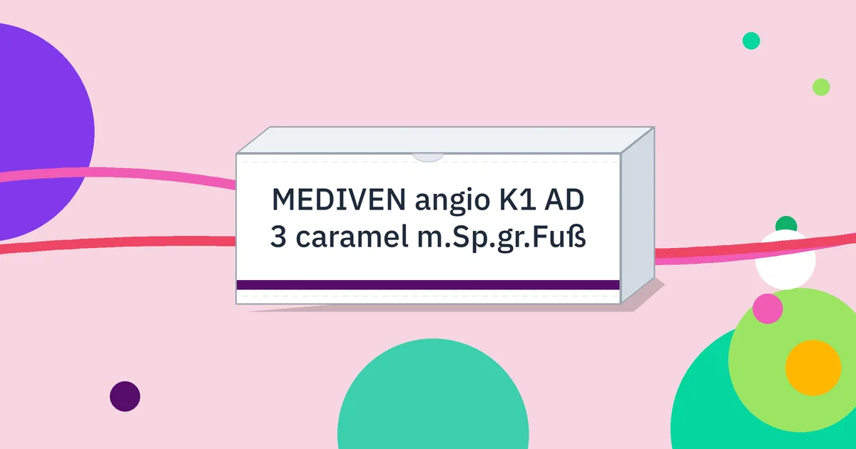 Symbolbild: Packung mit der Aufschrift MEDIVEN angio K1 AD 3 caramel m.Sp.gr.Fuß (PZN 17210049) – Verfügbarkeit und Bezug in Apotheken in Frankfurt am Main