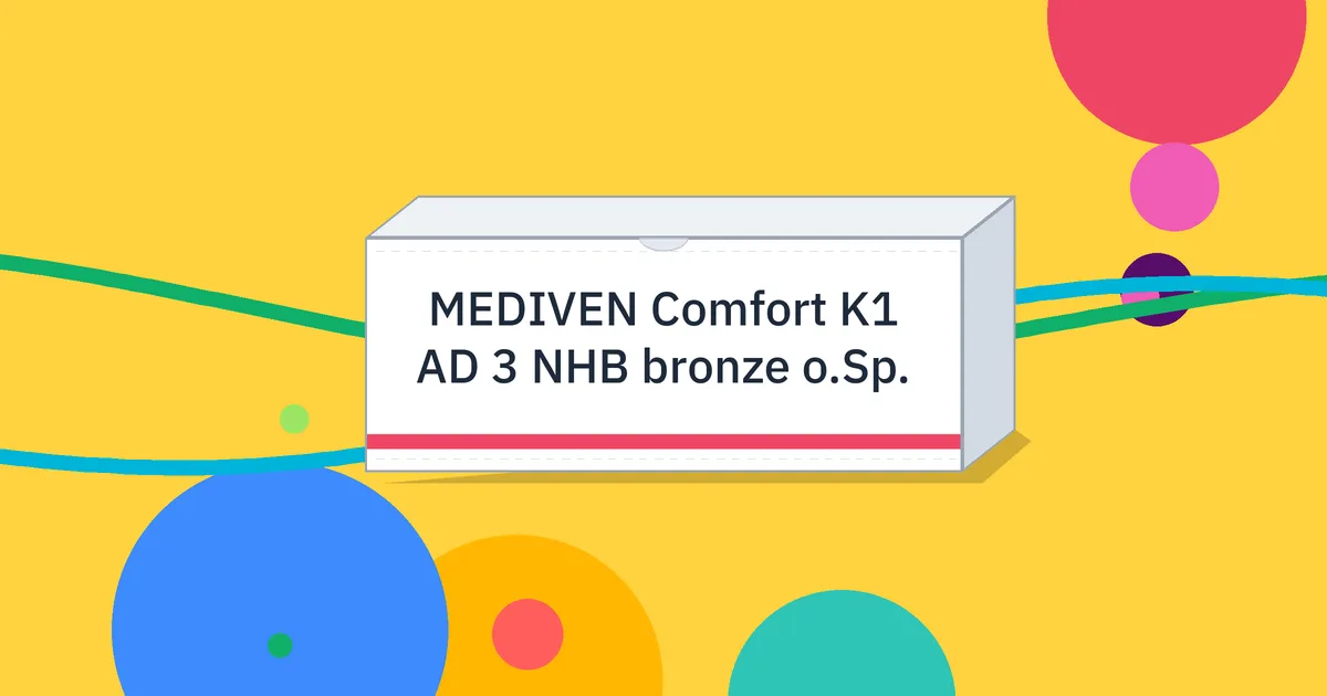 Symbolbild: Packung mit der Aufschrift MEDIVEN Comfort K1 AD 3 NHB bronze o.Sp. (PZN 14560398) – Verfügbarkeit und Bezug in Apotheken in Frankfurt am Main
