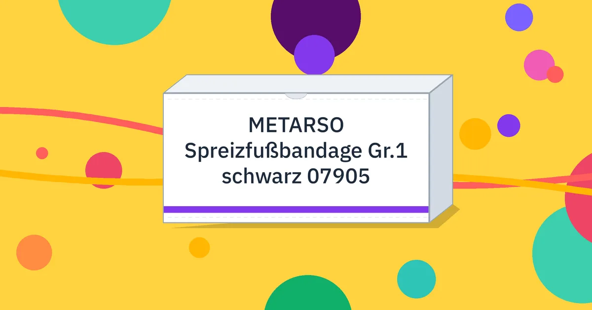 Symbolbild: Packung mit der Aufschrift METARSO Spreizfußbandage Gr.1 schwarz 07905 (PZN 03549241) – Verfügbarkeit und Bezug in Apotheken in Frankfurt am Main