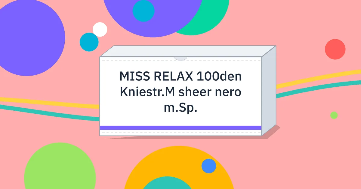 Symbolbild: Packung mit der Aufschrift MISS RELAX 100den Kniestr.M sheer nero m.Sp. (PZN 01635781) – Verfügbarkeit und Bezug in Apotheken in Frankfurt am Main