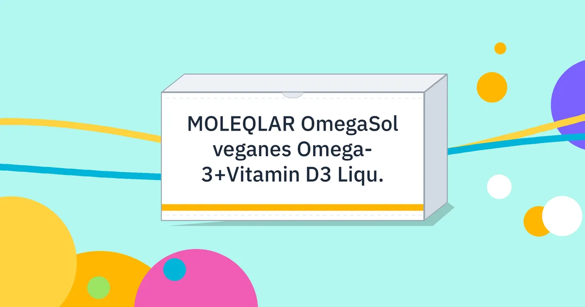 Symbolbild: Packung mit der Aufschrift MOLEQLAR OmegaSol veganes Omega-3+Vitamin D3 Liqu. (PZN 20584291) – Verfügbarkeit und Bezug in Apotheken in Frankfurt am Main
