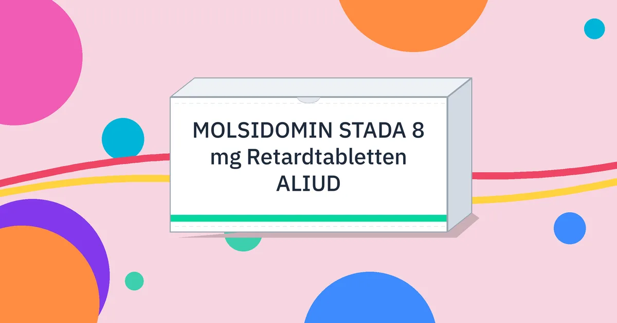 Symbolbild: Packung mit der Aufschrift MOLSIDOMIN STADA 8 mg Retardtabletten ALIUD (PZN 15316795) – Verfügbarkeit und Bezug in Apotheken in Frankfurt am Main